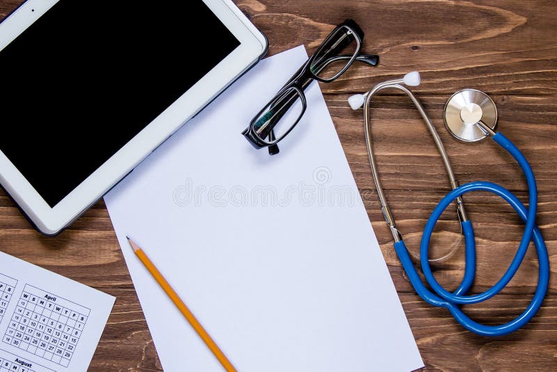 Modern Office Set for Hospital. Nice Objects Set on the Wooden Table ...