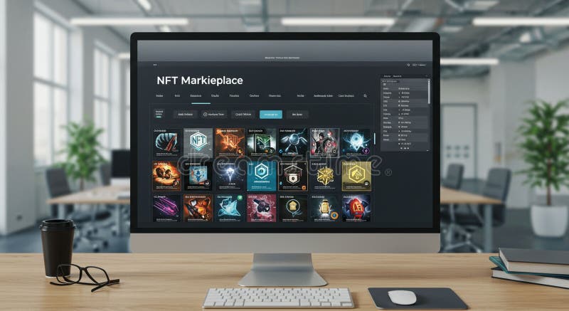 Modern Office Setting with a Desktop Computer Displaying an NFT ...
