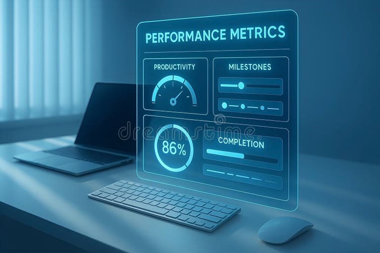 Modern Office Setting with a Digital Interface Displaying Performance ...