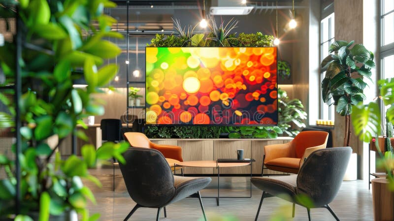 Modern Workspace Design with Abstract Digital Art and Lush Greenery for ...
