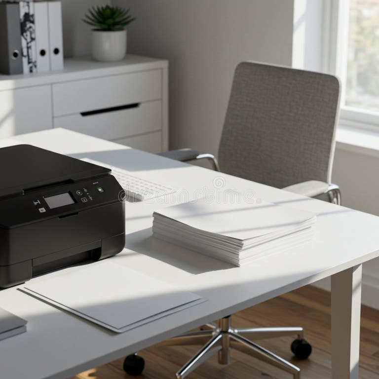 A Modern Office Setting Features a White Desk with a Black ...