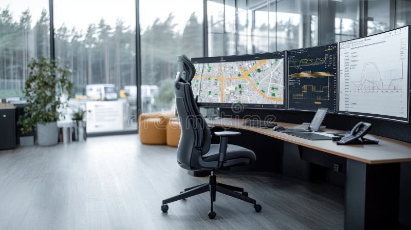 Modern Office Setting Featuring Multiple Screens Displaying Data and ...