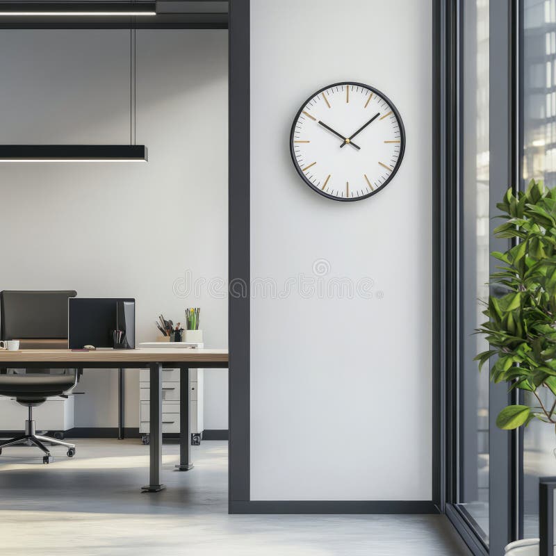 Modern Office Setting Featuring Wall Clock, Desk, and Plant Stock ...