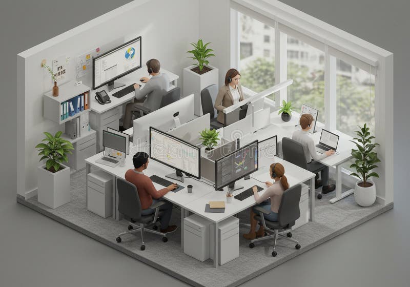 Modern Office Setting with Five People Working at Desks Equipped with ...