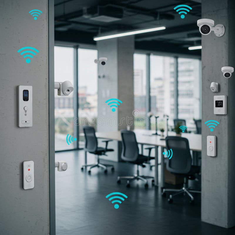 Modern Office Setting with Glass Windows and Several Wi-Fi-connected ...