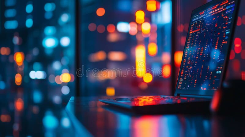 Modern Office Glowing Laptop Screen Blurred City Lights Stock Photos ...