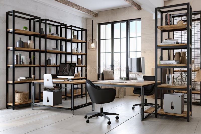 Modern Office Setting with Industrial Desks, Chairs, and Shelving Stock ...