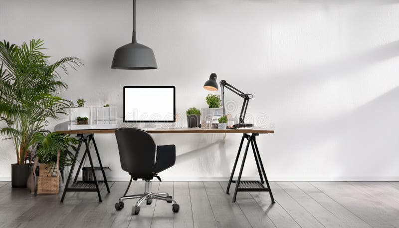 Modern Office Setting with Industrial Elements and White Wall for ...