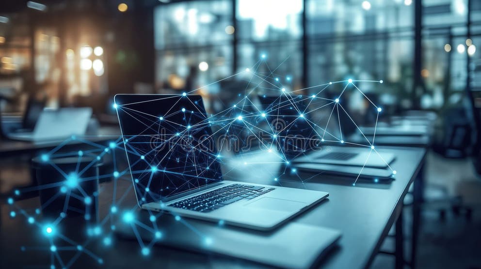 Modern Office Setting. Laptops on Desks. Tech Network Overlay ...