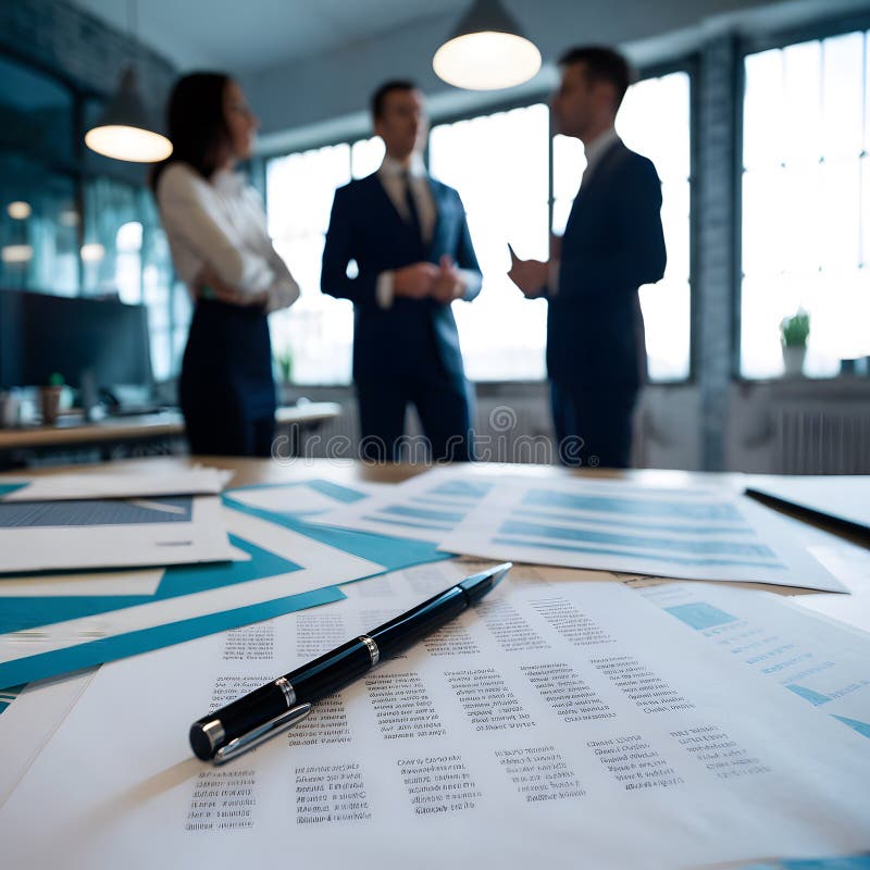 Modern Office Setting with People Talking, Desk Cluttered with Blue and ...