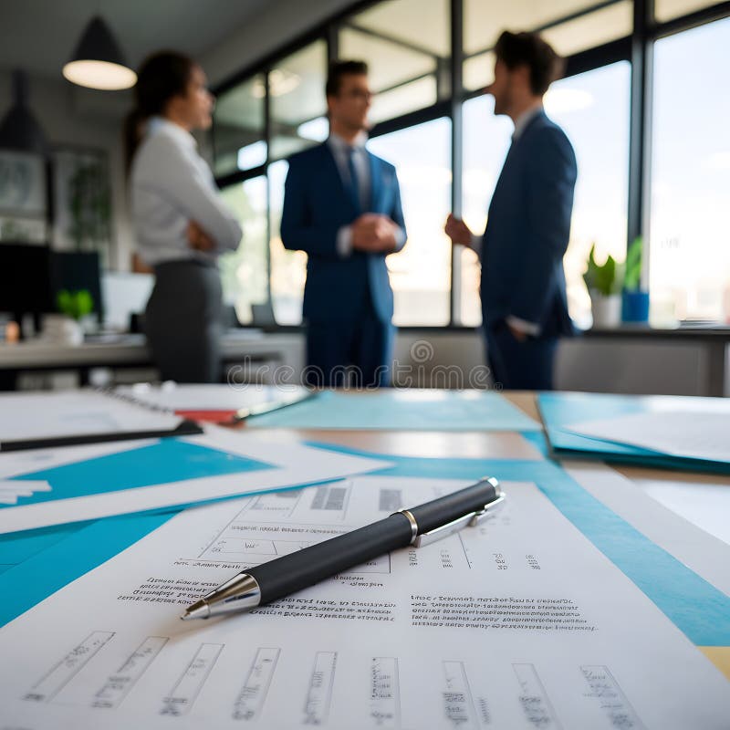 Modern Office Setting with People Talking, Desk Cluttered with Blue and ...