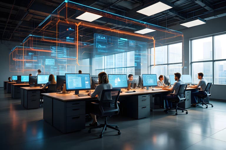 Team of Programmers Working Late in Modern Office with Futuristic Holographic Interface Stock ...