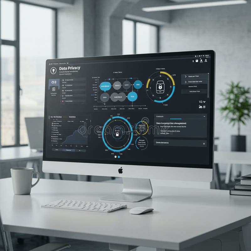 A Modern Office Setting with a Sleek Desktop Computer Displaying a Data ...