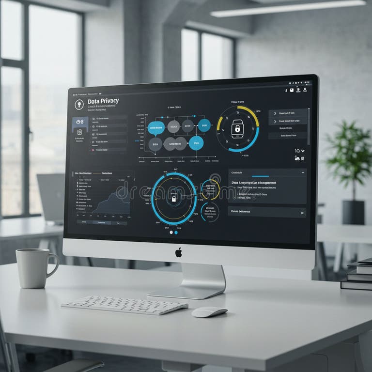 A Modern Office Setting with a Sleek Desktop Computer Displaying a Data Privacy Stock ...