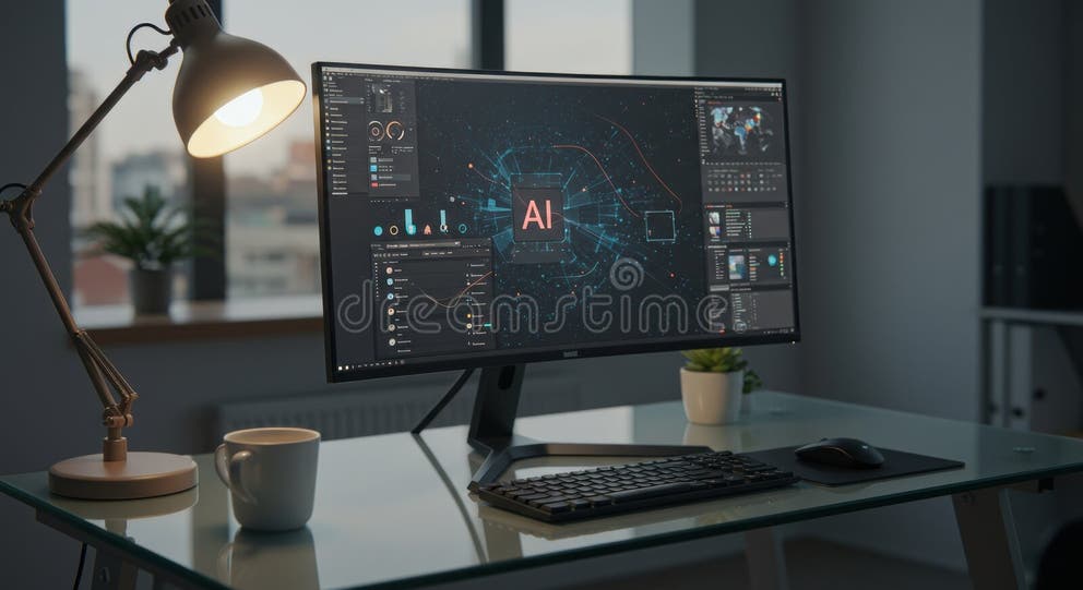 Modern Office Setup with AI Technology on Computer Screen Stock Photo ...