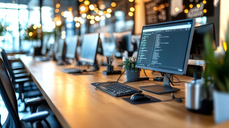 Modern Office Setup with Computers and Warm Lighting for Productive ...