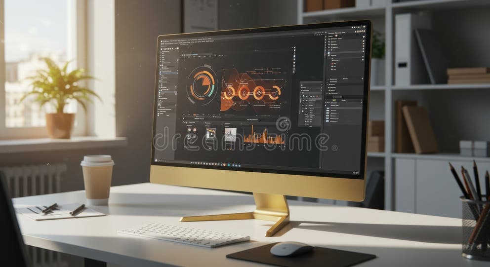 Modern Office Setup with Data Analysis Dashboard on Computer Screen ...