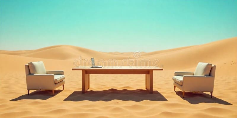 Modern Office Setup in Desert with Laptop, Chairs and Table Under Clear ...