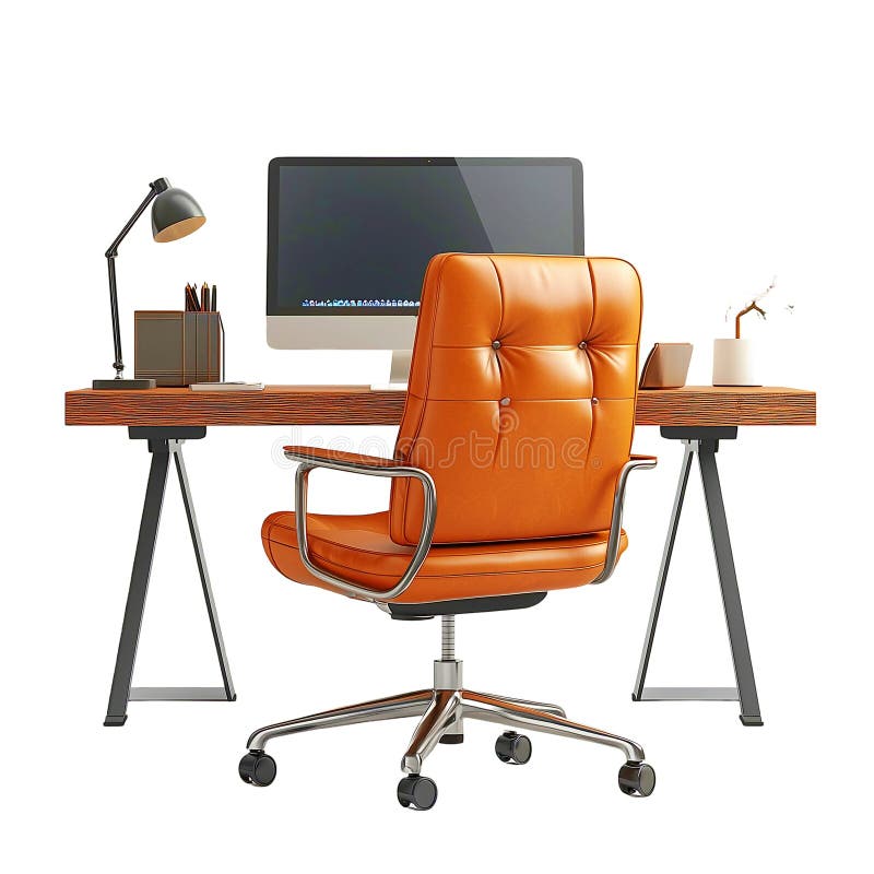 Modern Office Setup with Computer and Orange Leather Chair Isolated on ...