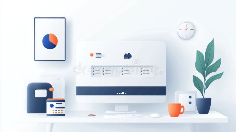 Modern Office Setup Featuring Computer, Plant, and Decorative Items ...