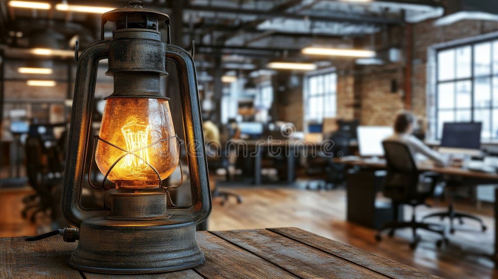 A Modern Office Setup Featuring a Decorative Lamp on a Table, and ...