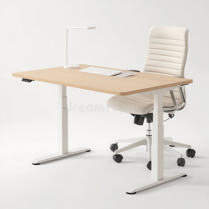 A Modern Office Setup Featuring a Desk, Ergonomic Chair, and Desk Lamp ...
