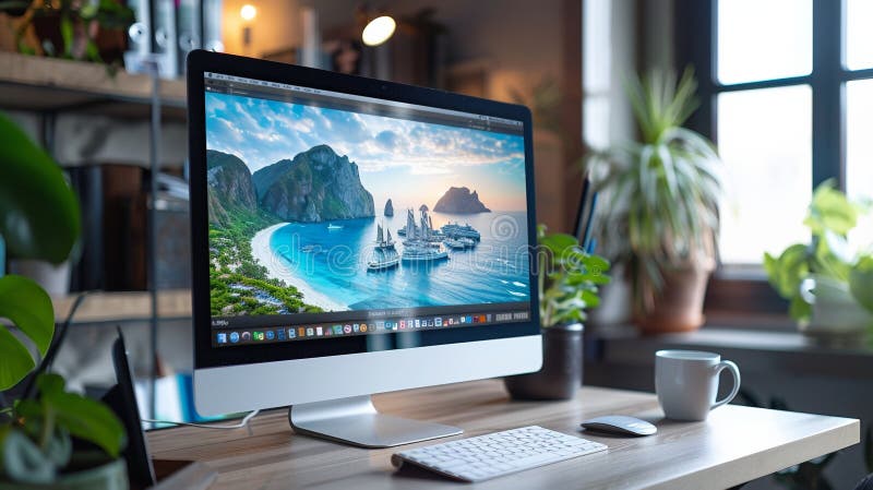 A Modern Office Setup Featuring a Desktop Computer Displaying a ...