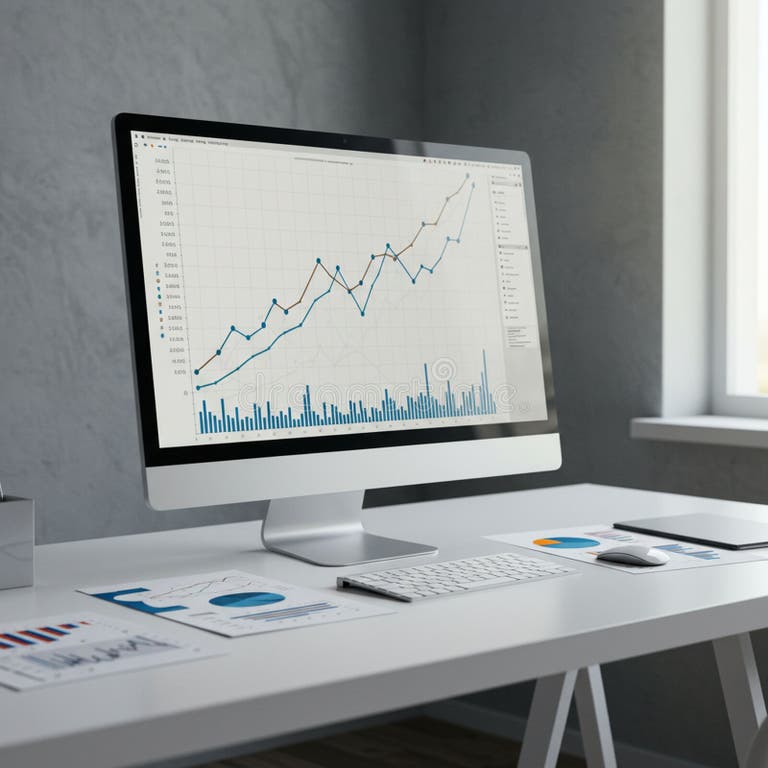 Modern Office Setup Featuring a Desktop Computer Displaying a Chart ...