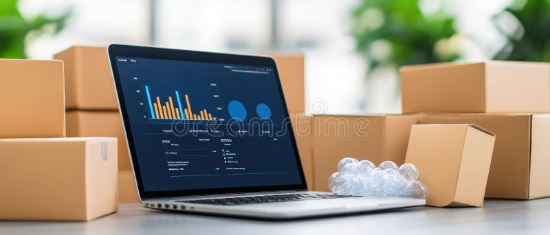 A Modern Office Setup Featuring Laptop Displaying Data Analytics Amidst ...