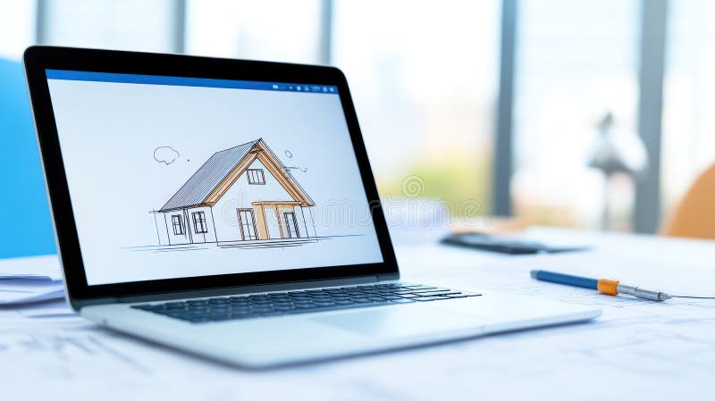 Modern Office Setup Featuring Laptop Displaying House Design Stock ...