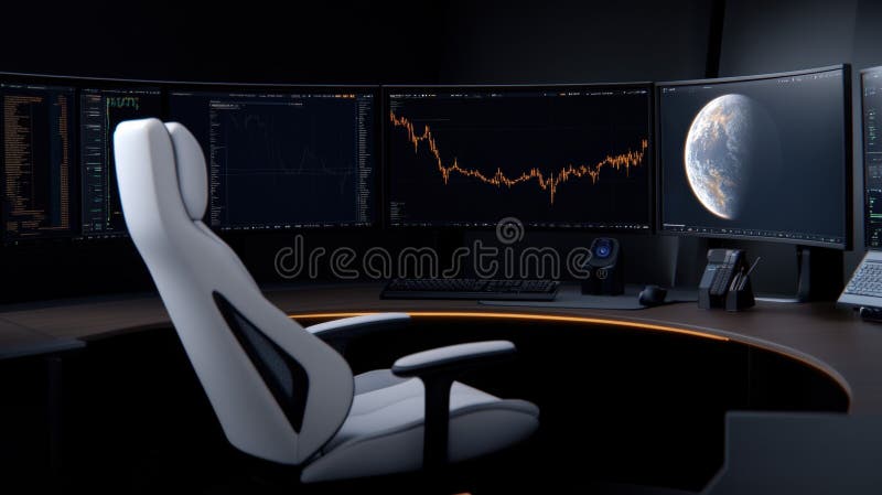 Modern Office Setup Featuring Multiple Screens and an Ergonomic Chair ... Modern Office Setup Featuring Multiple Screens and an Ergonomic Chair ...