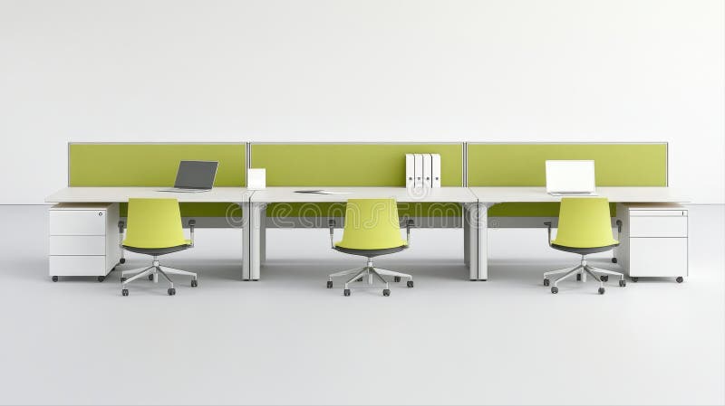 A Modern Office Setup Featu Three Work Stations with Lime Green Chairs ...