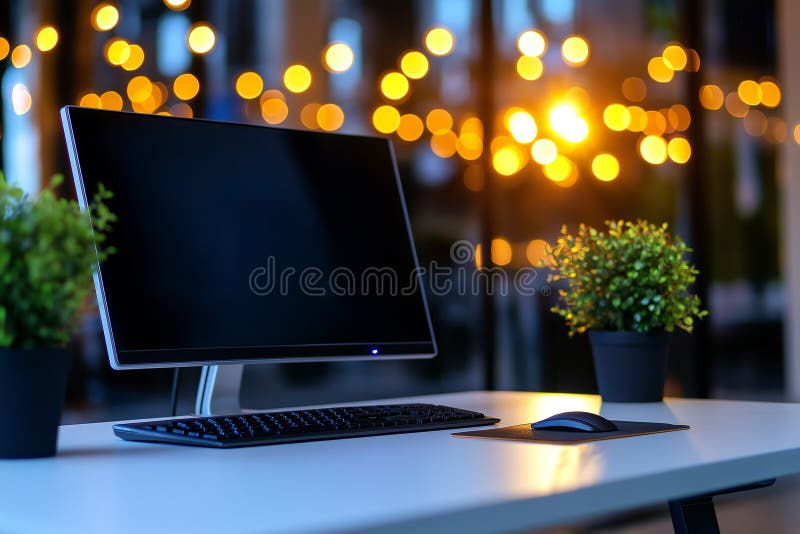Modern Office Setup Featuring Two Blank Computer Screens on White Table ...