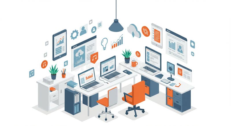 Modern Office Setup Featuring Two Workstations with Laptops and Desktop ...