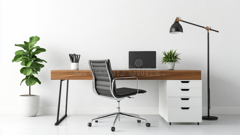 Modern Office Setup Featuring a Wooden Desk and Stylish Chair Stock ...