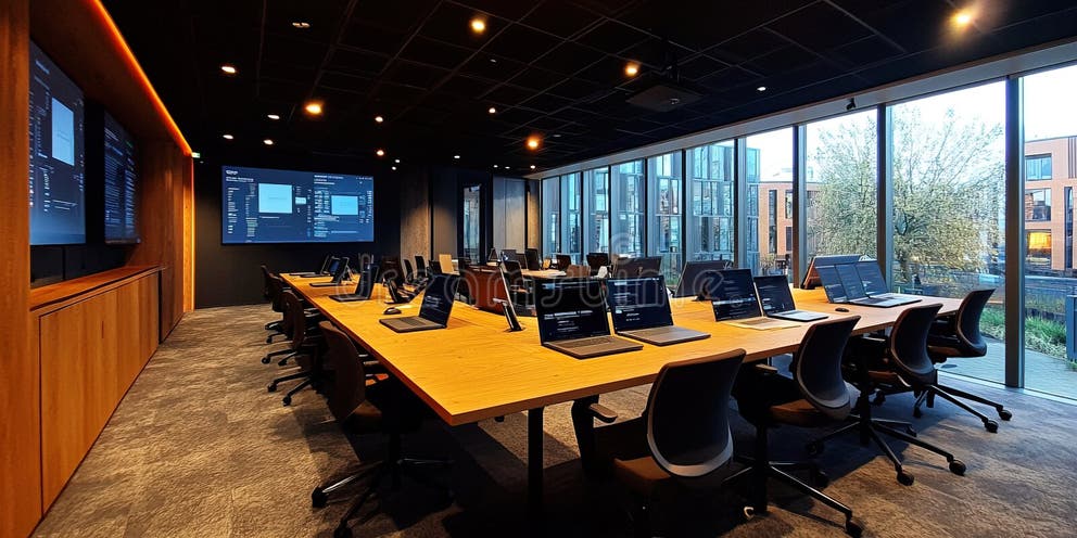 Modern Office Setup with Large Desks and Multiple Laptops for ...