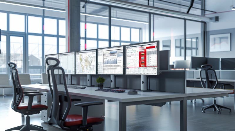 Modern Office Setup with Multiple Computer Screens and Chairs Stock ...