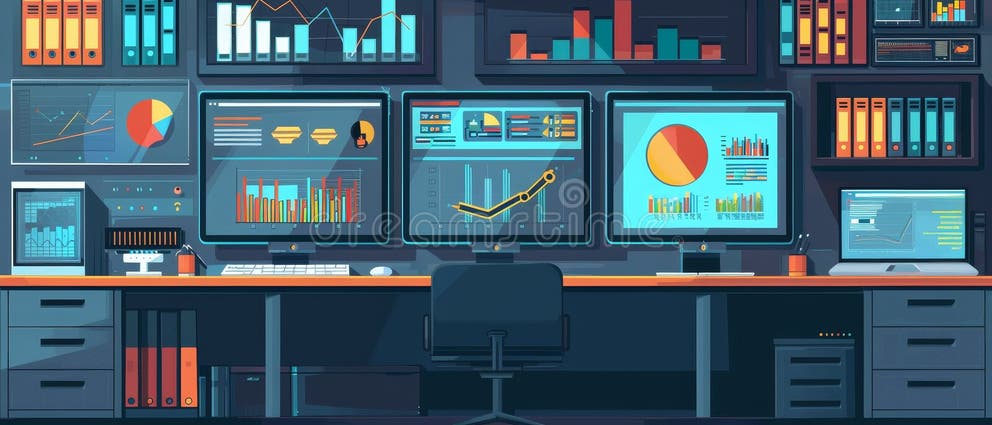 Modern Office Setup with Multiple Computer Screens Displaying Data and ...
