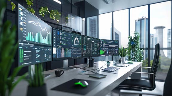 Modern Office Setup with Multiple Screens Displaying AI Tools and ... Modern Office Setup with Multiple Screens Displaying AI Tools and ...