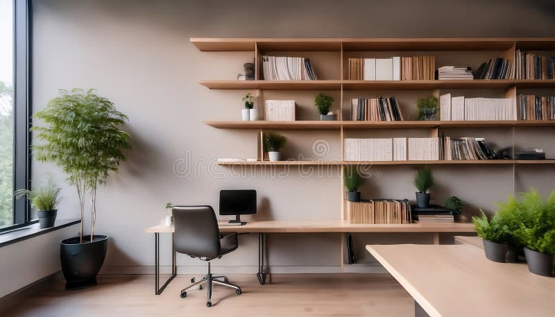 Modern Office Setup with Neutral Decor and Green Plants for a ...
