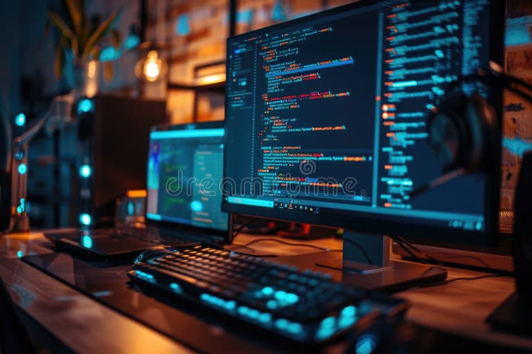 Modern Office Setup with Two Computer Monitors and a Keyboard, Perfect ...