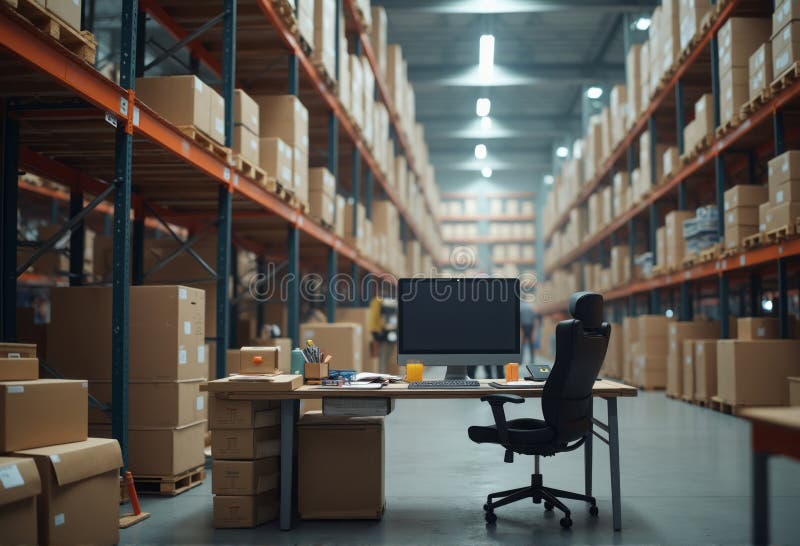 Warehouse Office with Boxes and Desk Stock Photo - Image of shipping ...
