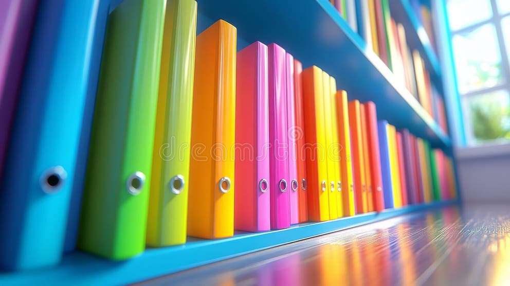In a Modern Office, a Shelf Features a Vivid Row of Folders, Presenting ...