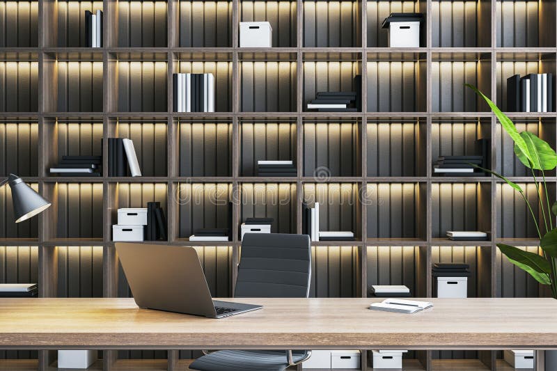 Modern Office with Shelves or Library Interior with Workplace. Stock ...