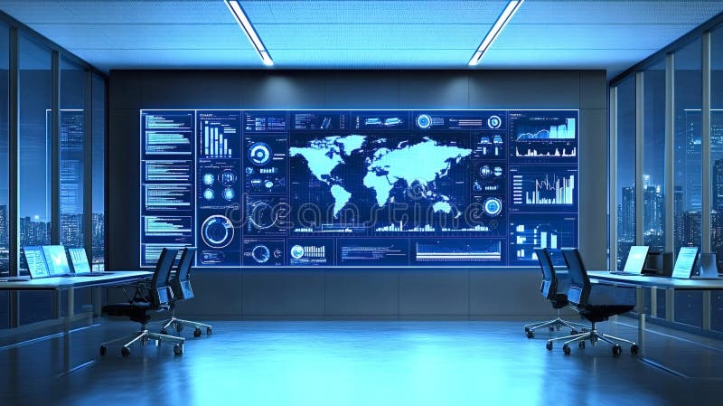 Modern Office Showing Global Business Data on Big Screen at Night Stock ...