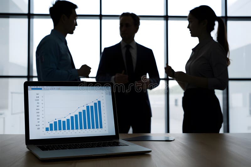 Modern Office with Silhouettes Conversing, Laptop Displaying Bar Chart ...