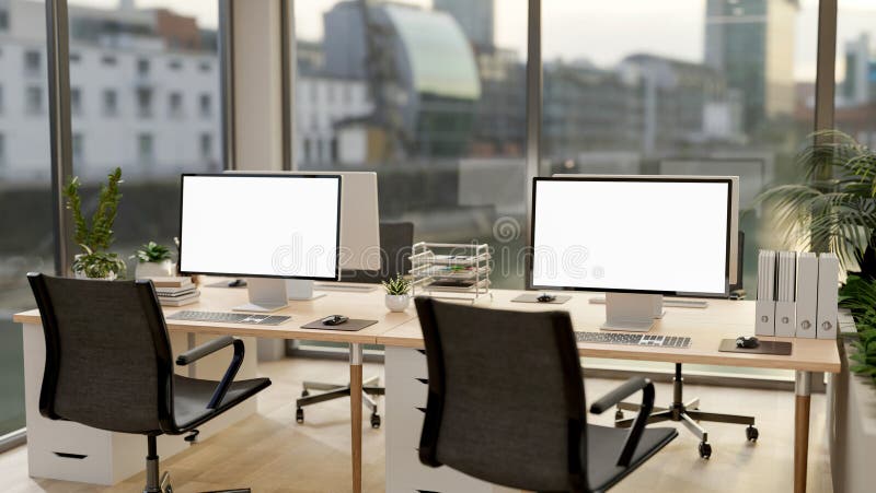 A Modern Office in a Skyscraper Features Computer Desks, Positioned by ...