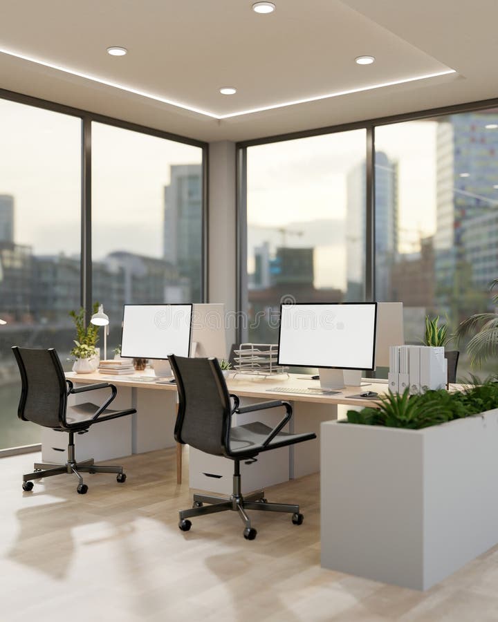 A Modern Office in a Skyscraper Features Computers on Desks by the ...