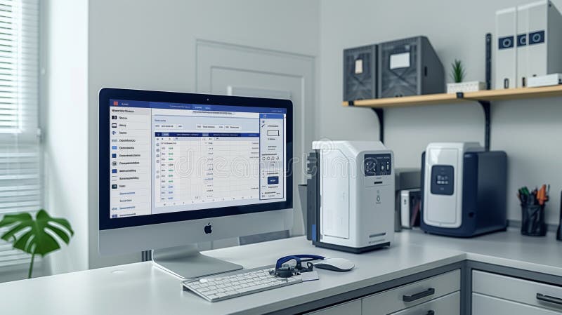 A Modern Office with a Sleek Computer Setup, Lab Equipment, and ...