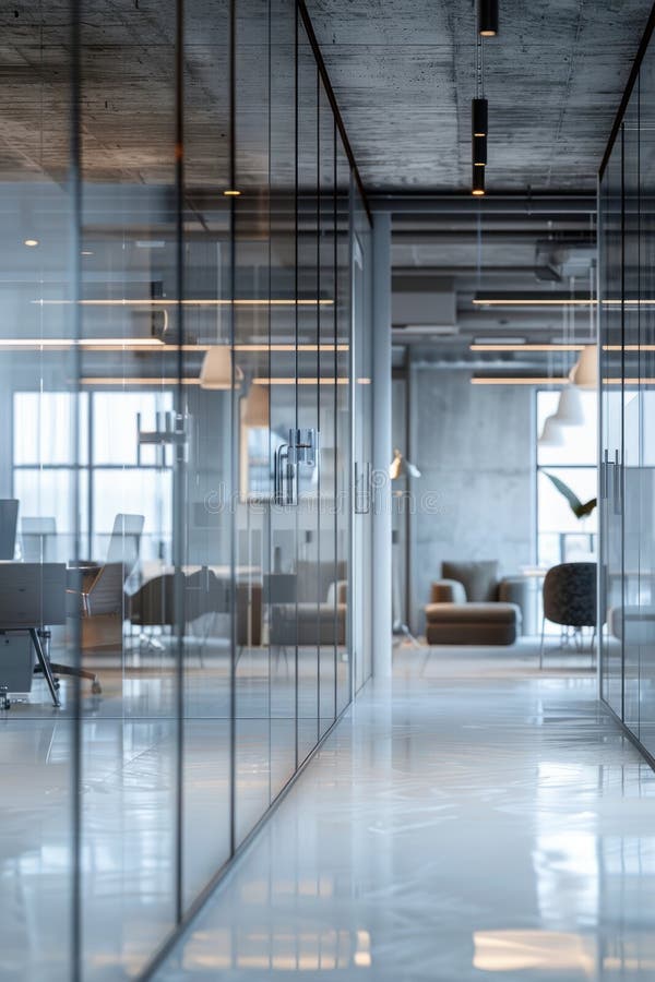 Modern Office, Sleek Modern Office Featuring Glass Partitions, Devoid ...